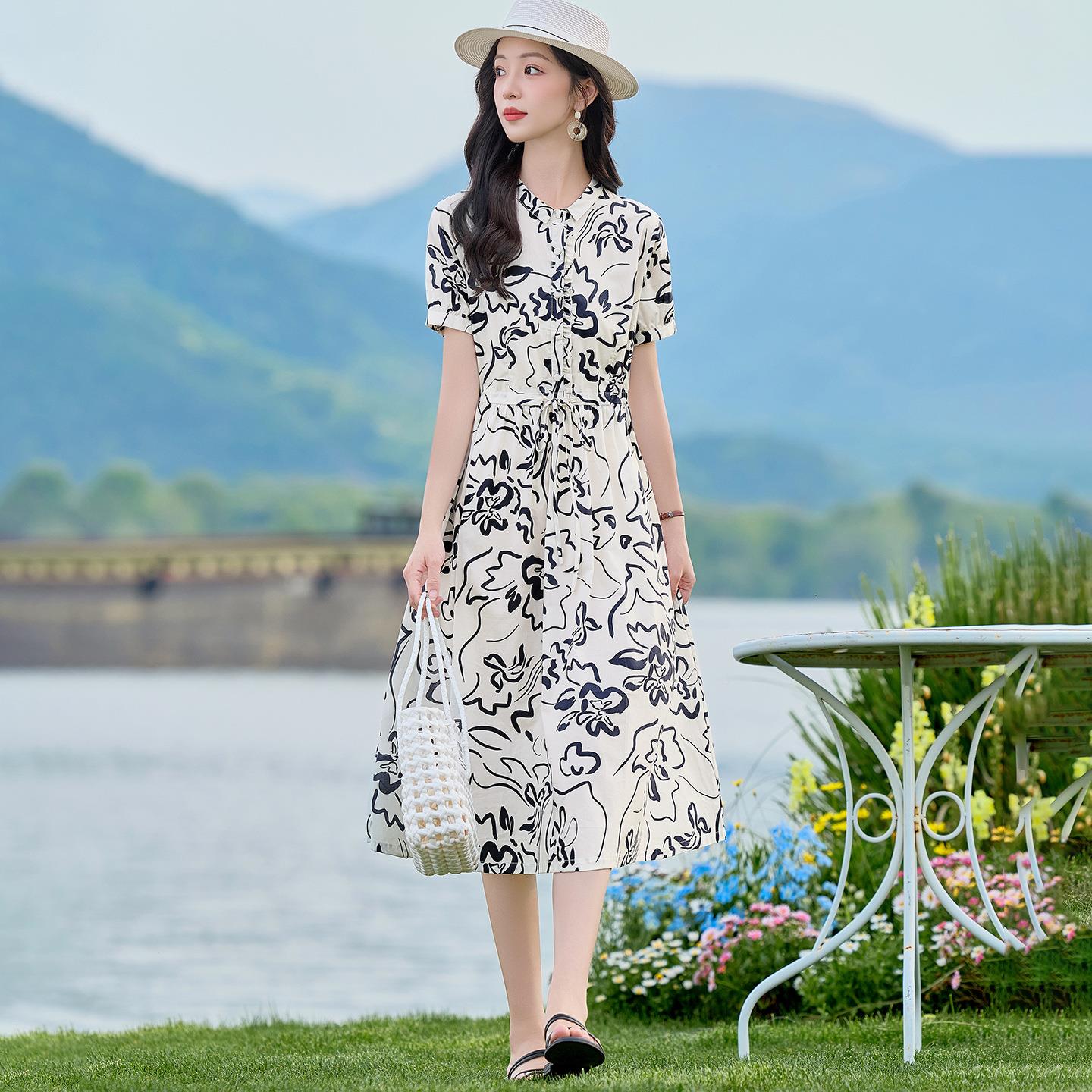 季款装气质印花长款抽新绳女收夏腰时尚连衣裙沙滩NI821-05裙