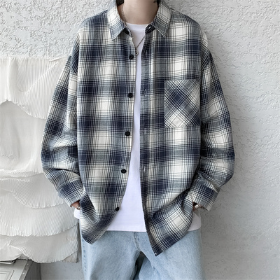 BDLS工作室文艺男女店港风情侣款纯棉格子衬衫大码宽松男女情侣款