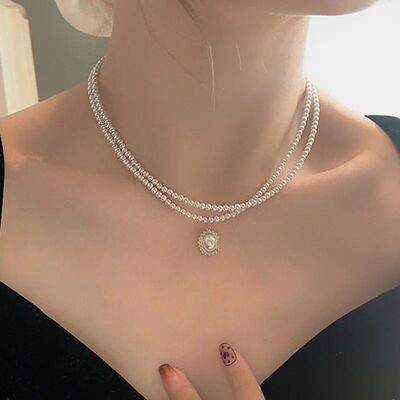 Layered Pearl Choker Colar Thick Cha with Pendant Necklace f