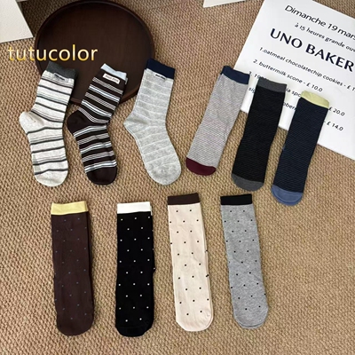 欧洲站tutucolor韩系条纹撞色短袜棉质四季穿堆堆中筒袜3双组合装
