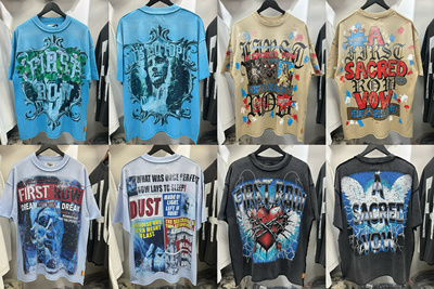 美式潮牌FIRST ROW复古洗水做旧烫钻男女宽松嘻哈小领口短袖T恤