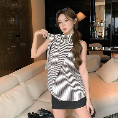 夏季法式复古格纹挂脖无袖上衣