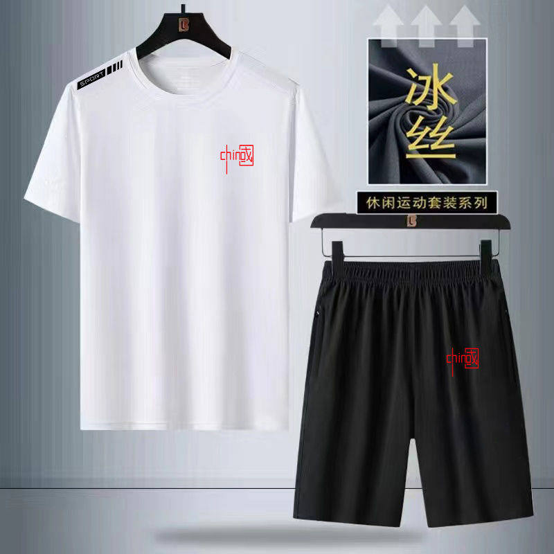 冰丝运动套装男士休闲夏季薄款短袖跑步速干大码弹力短裤潮流