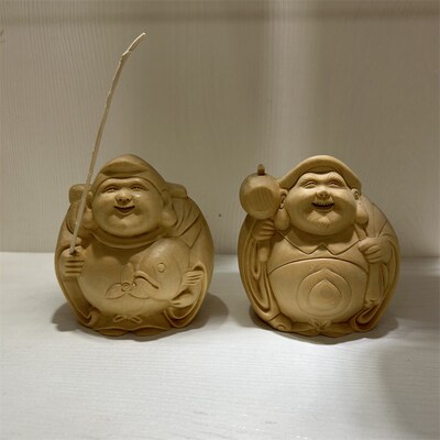 桧木雕刻惠比寿摆件创意大黑x天佛门护法七福财神供奉佛像工艺礼