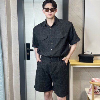 夏季美式小众牛仔磨毛短裤短袖垫肩E衬衫男套装宽松做旧设计两件