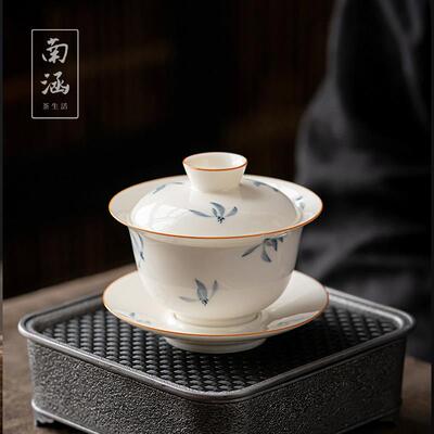 德化白瓷三才盖碗茶杯手绘单个茶盏陶瓷茶具高端羊脂玉功夫泡茶碗
