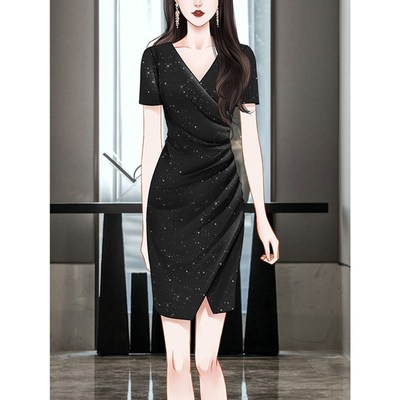 高端轻奢小众礼服黑色亮片连衣裙女夏季2024新款气质小Z个子连身