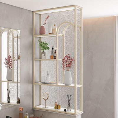 奶油风水纹玻璃卫生间洗手台干区半墙隔断置物架装饰遮挡矮屏风