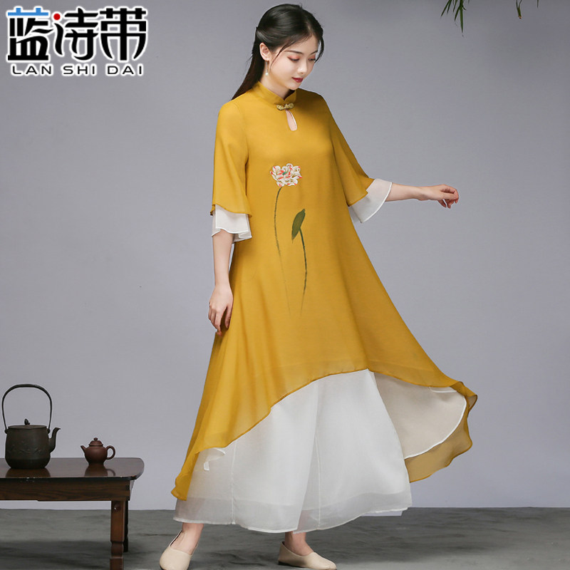 中国风女装茶服h女唐装春夏汉服文艺复古雪纺连衣裙禅修服长款裙