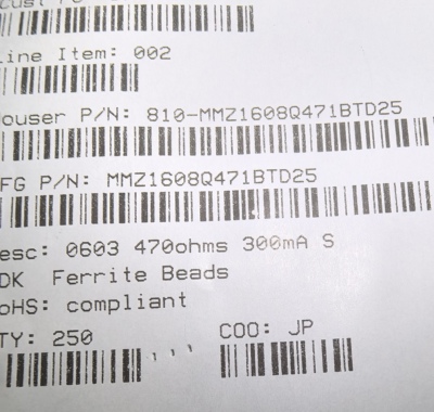 MMZ1608Q471BTD25  TDK铁氧体磁珠 0603 470ohms 300mA  AEC-Q200