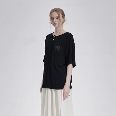 TAM TUAS【白昼夜】凉感兰精刺绣拼接针织亨利领短袖