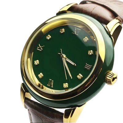 Vintage Green Jade Watch Diamond Inlay Quartz Wristwatch