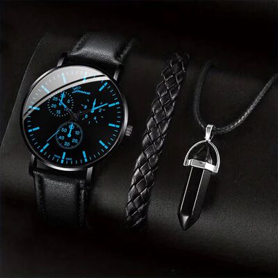 3PCS/Set Men Business Watches Casual Leather Band Analog