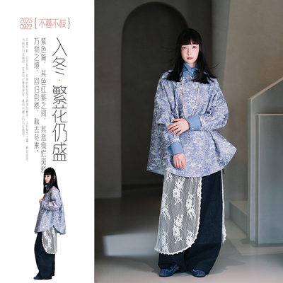 不蔓不枝【青花】改良新中式短上衣长袖宽松磨毛提花百搭显瘦秋冬