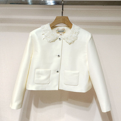 2026春白色蕾丝翻领小香风短外套