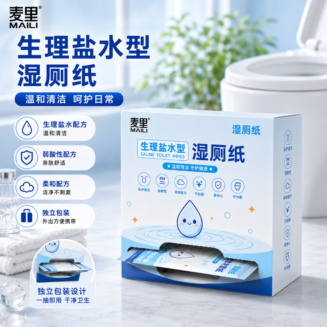 麦里生理盐水型清洁湿巾湿厕纸独立装温和不刺激可冲散洁净湿巾纸