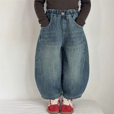 儿童弯刀裤加绒牛仔裤韩版宽松潮