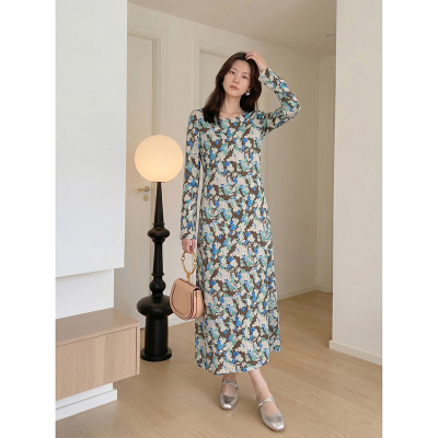 轻奢蓝绿碎花真丝连衣裙女秋长袖收腰垂感优雅气质桑蚕丝中长裙