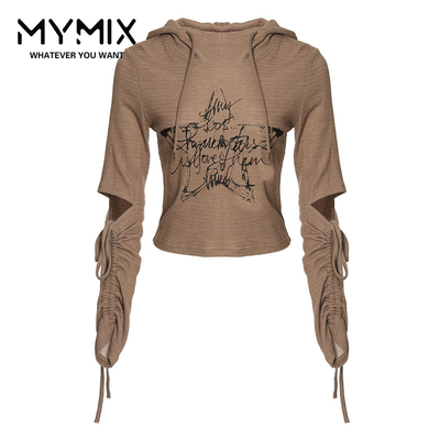 星星字母棕色长袖短款T恤