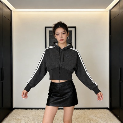 阿迪达斯黑色短款外套女装春季新款连帽运动服休闲上衣夹克KX8905