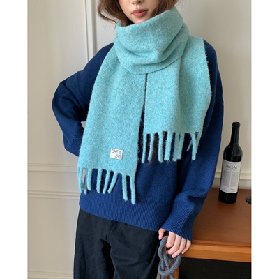 Carrier 巨美水蓝色～韩国100%绵羊毛时光流苏围巾女纯色保暖围脖