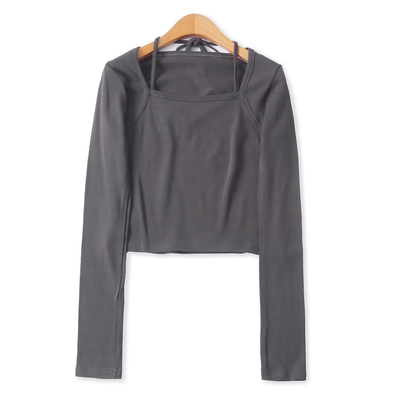 薄绒打底T恤  春秋新款女装挂脖系带方领套头长袖内搭外穿33071