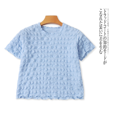 蚂蚁皱格子T恤  夏季新款外贸女装时尚修身圆领套头短袖显瘦32025