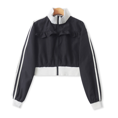 拼色木耳边夹克外套 春秋新款外贸女装立领拉链长袖薄款外套33153