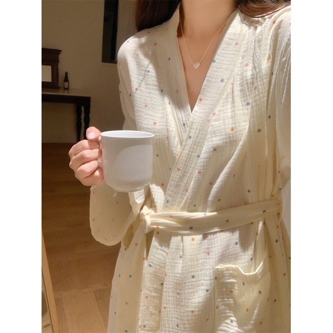 简约风圆点印花睡袍睡裙睡衣女新款杏色春秋季2026长袖家居服浴袍