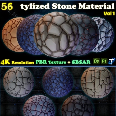 Substancepainter风格化地面岩石材质球sp卡通碎石头块石板材质1