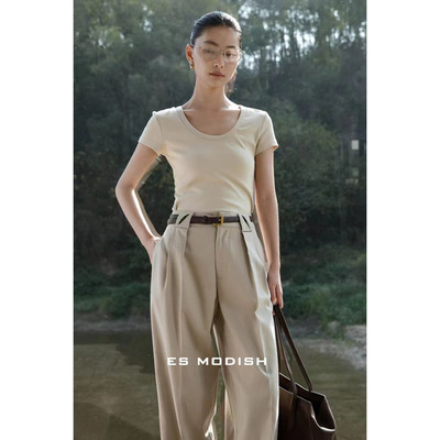 百搭U领修身纯色短袖T恤2026春夏正肩显瘦上衣4324【ES】#3-12