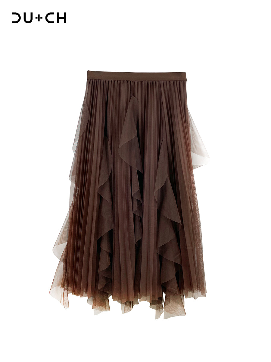 CU+CH春秋女韩版时尚优雅中长款荷叶边不规则半身纱裙_虎窝淘