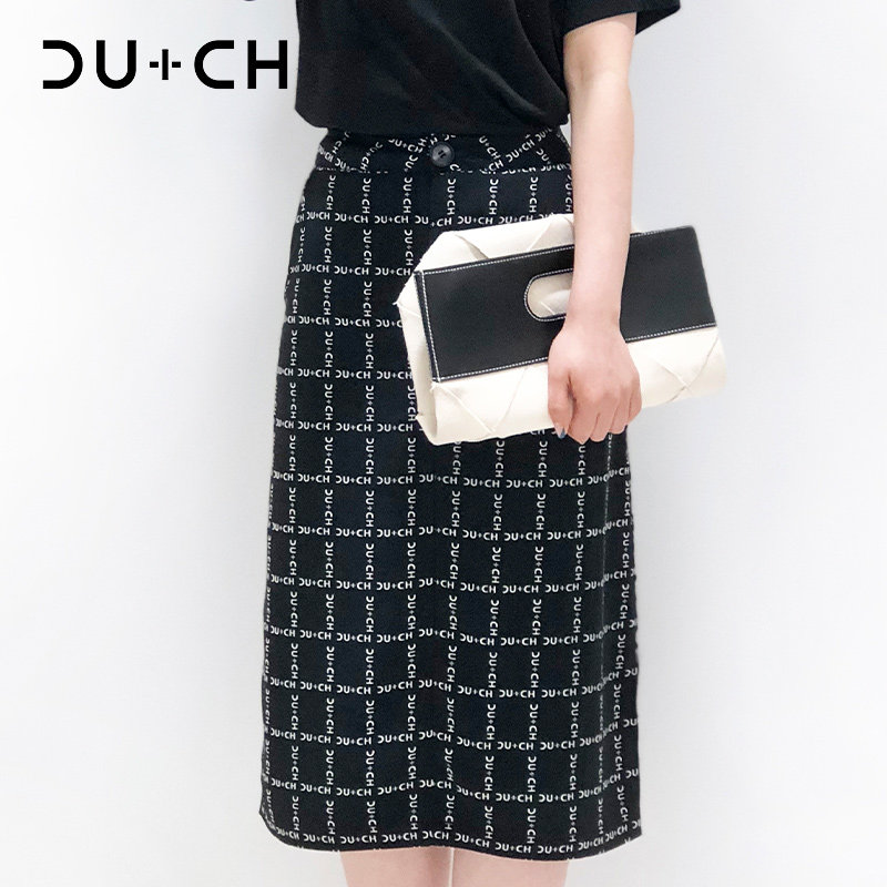 CU+CH春秋女休闲时尚高腰字母印花直筒中长款半身裙_虎窝淘