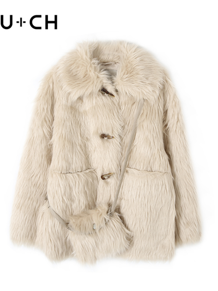 CU+CH蔻趣秋冬女时尚韩版牛角扣休闲宽松短款毛呢绒外套清仓秒杀_虎窝淘