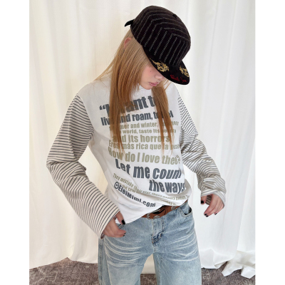 条纹拼接印花圆领内搭长袖t恤