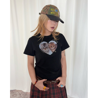 爱心猫咪烫钉圆领正肩t恤短袖