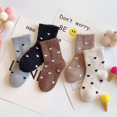 爱嘀嗒儿童袜子冬季加厚款双面绒日系爱心女宝珊瑚绒保暖中高筒袜