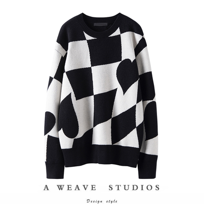 新品棋盘格山羊绒针织衫爱心图案