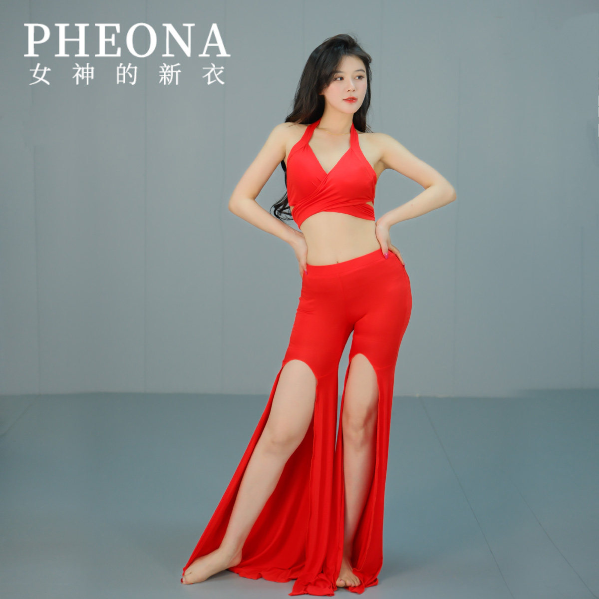 PHEONA女神的新衣肚皮舞套装女性感挂脖露腰开叉长裙演出服T045