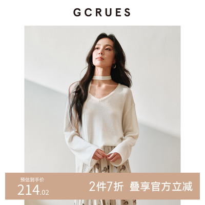 GCRUES温柔风绑带宽松v领毛衣女