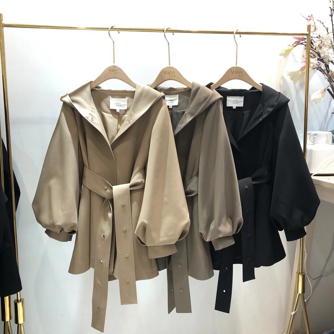 VANE韦恩风衣女连帽秋冬新款斗篷韩范小个子时尚休闲收腰短款外套