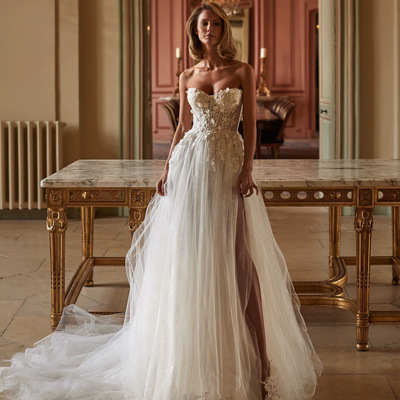 高级定制凡尔赛洛可可重工奢华蕾丝刺绣立体花朵侧开叉轻婚纱奢蒂