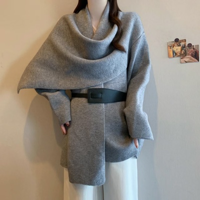 实拍 大码芝士鹿秋冬宽松慵懒风外套韩版围巾领斗篷针织毛衣