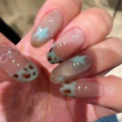 纯手工甜酷风玻璃珠猫眼薄荷绿星星豹纹蝴蝶结韩系显白美甲穿戴甲