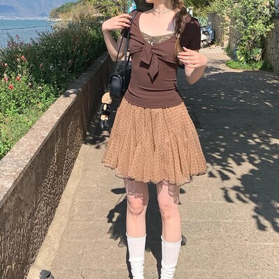 韩系咖啡色波点小众网纱半身裙女