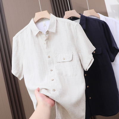 天丝亚麻混纺美式工装短袖衬衫男