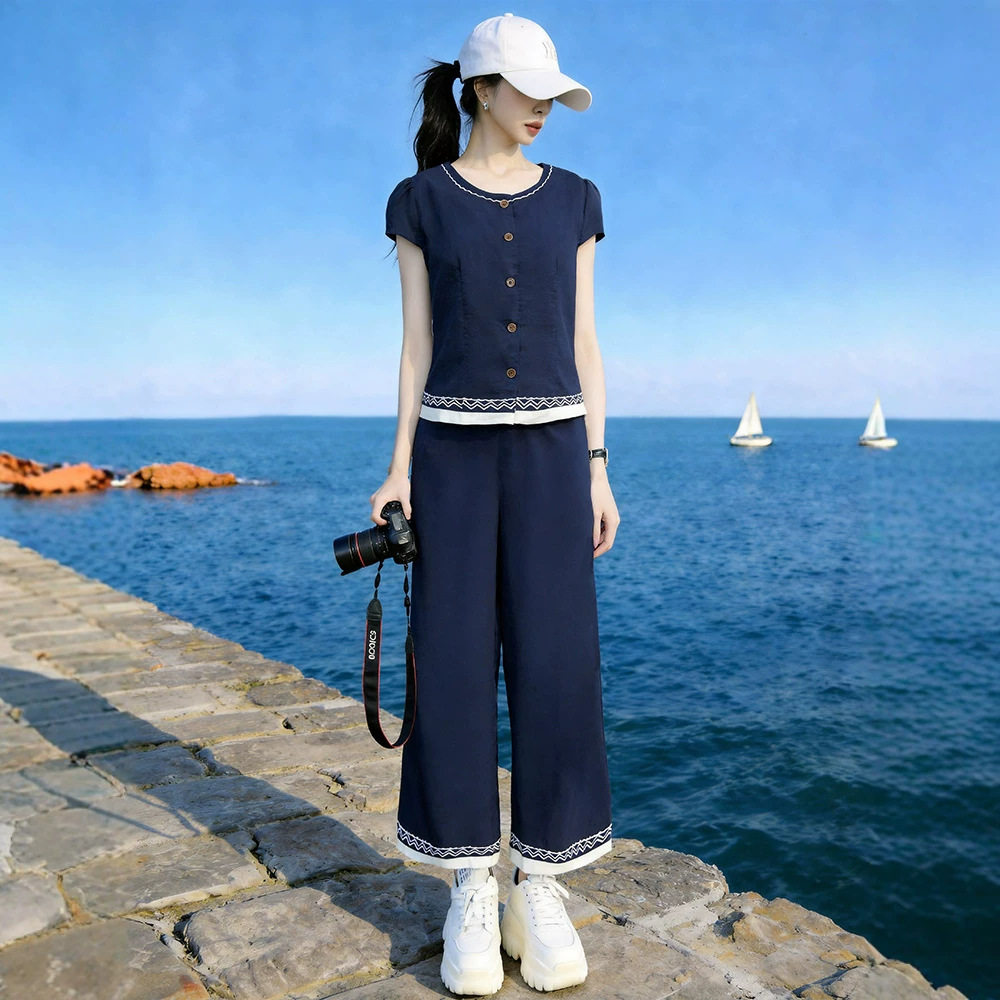 小个子洋气时尚休闲运动套装夏季女减龄遮肉短袖八分阔腿裤两件套