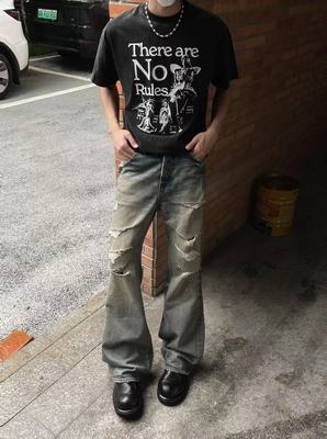 Baseplate 年度牛王手工刀割破洞磨烂做旧水洗微喇直蓝色牛仔裤