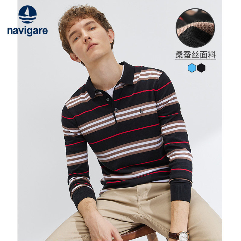 Navigare意大利小帆船长袖polo衫男士2023秋季新款条纹翻领针织衫_虎窝淘