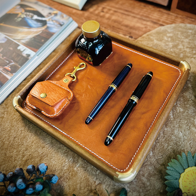 实木配真皮收纳盘 钥匙盘 钢笔盘 眼镜盘